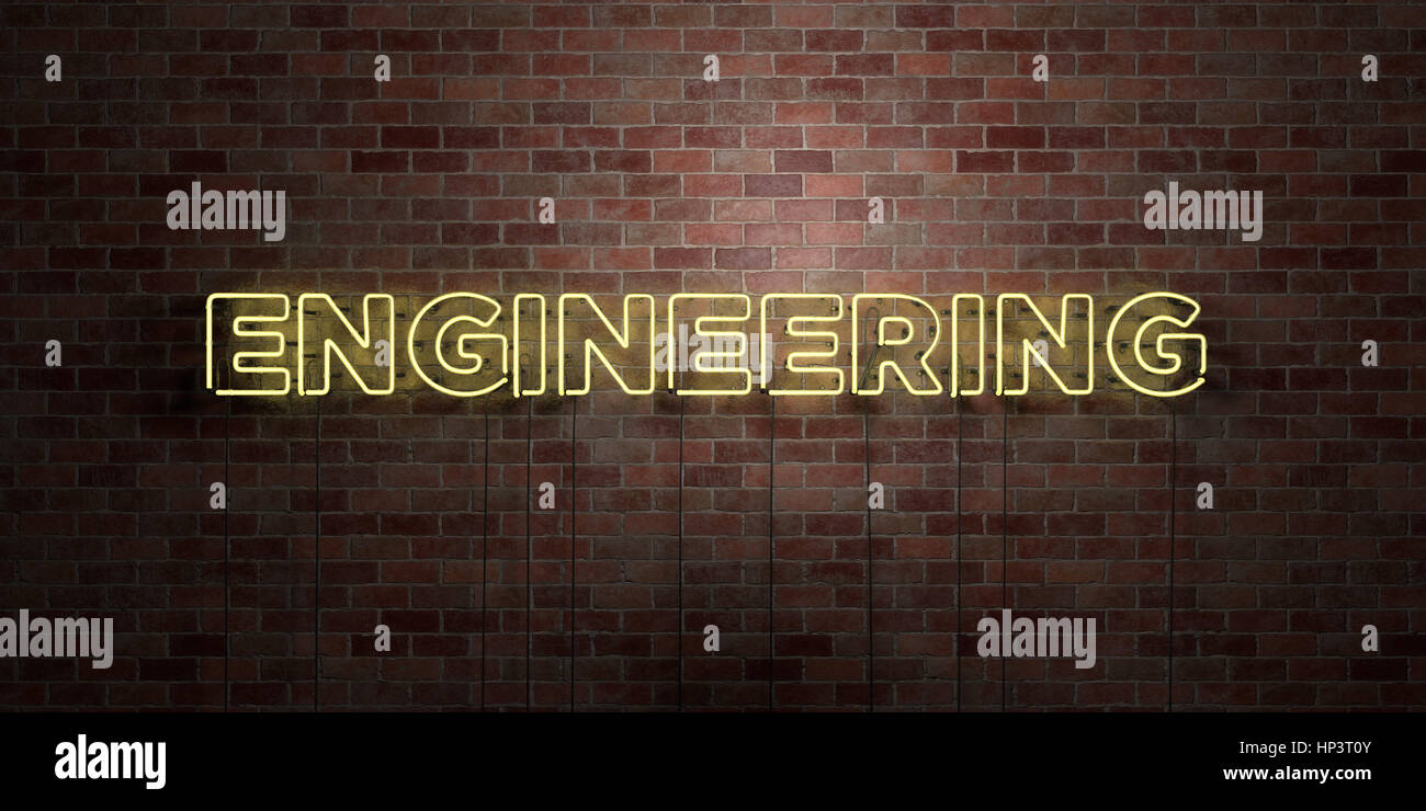 ENGINEERING - fluorescent Neon tube Sign on brickwork - Front view - 3D ...