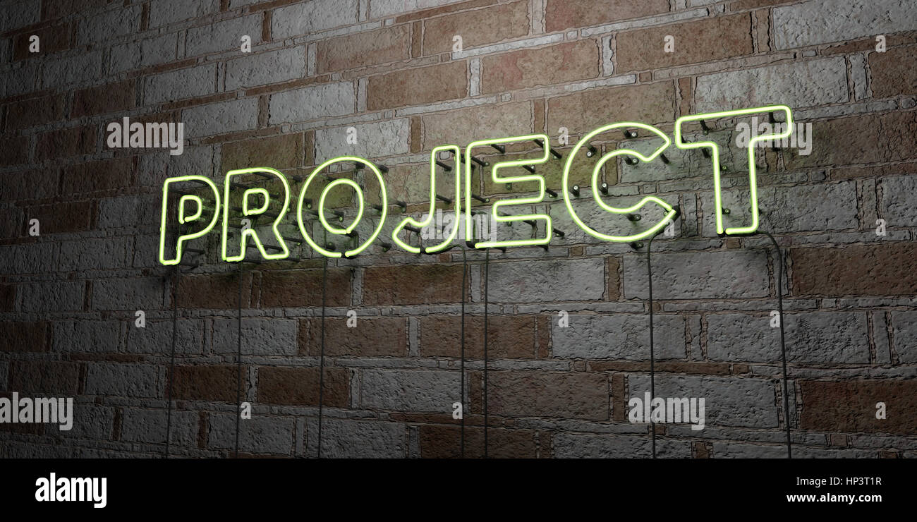 PROJECT - Glowing Neon Sign on stonework wall - 3D rendered royalty ...