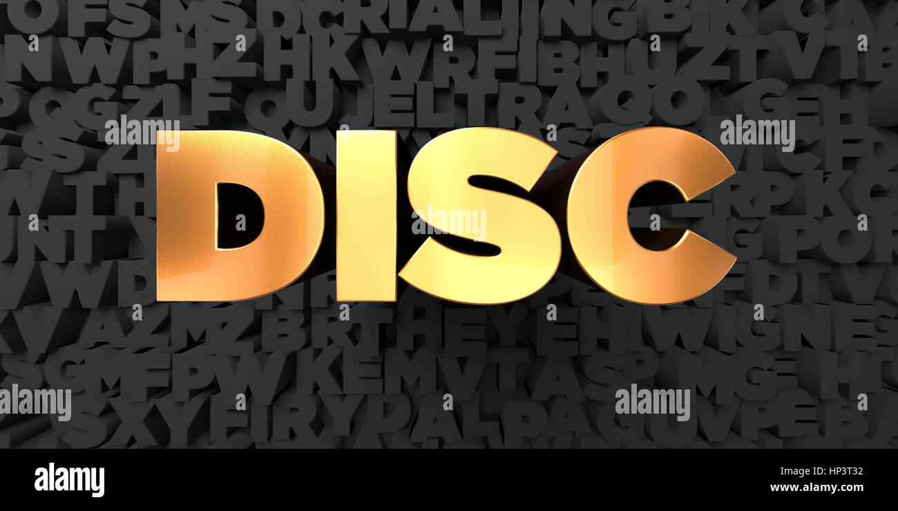 Disc - Gold text on black background - 3D rendered royalty free stock ...