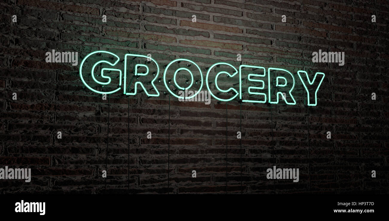 GROCERY -Realistic Neon Sign on Brick Wall background - 3D rendered ...