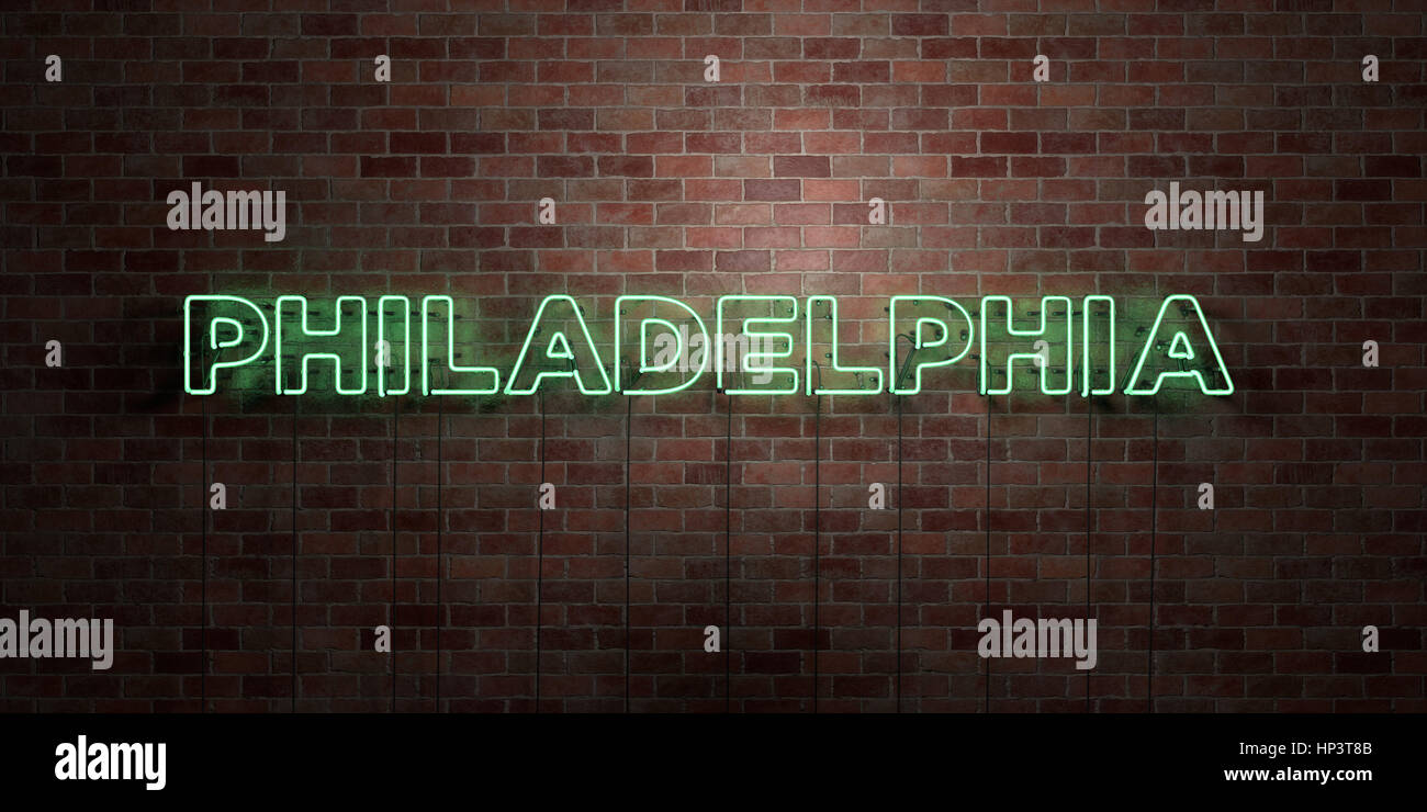 PHILADELPHIA - fluorescent Neon tube Sign on brickwork - Front view ...