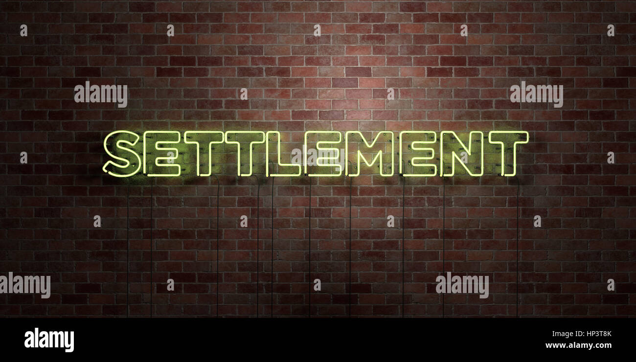 SETTLEMENT - fluorescent Neon tube Sign on brickwork - Front view - 3D ...