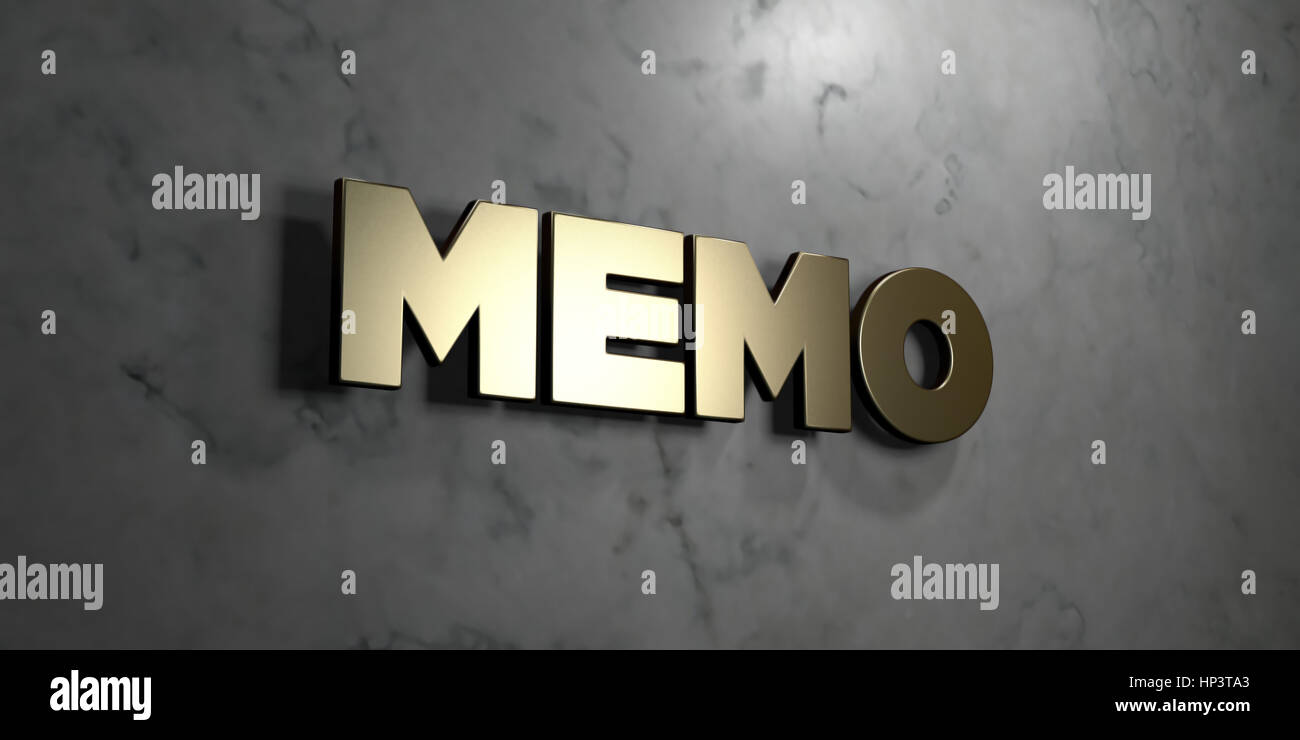 Memo - Gold sign mounted on glossy marble wall - 3D rendered royalty ...
