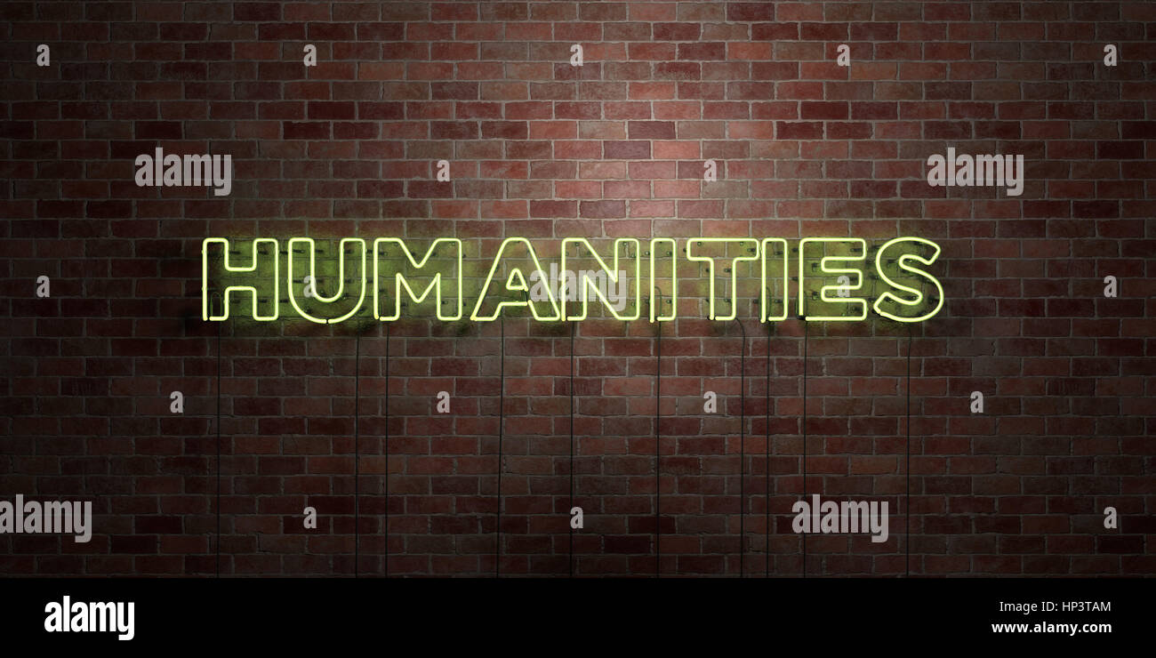 HUMANITIES - fluorescent Neon tube Sign on brickwork - Front view - 3D ...