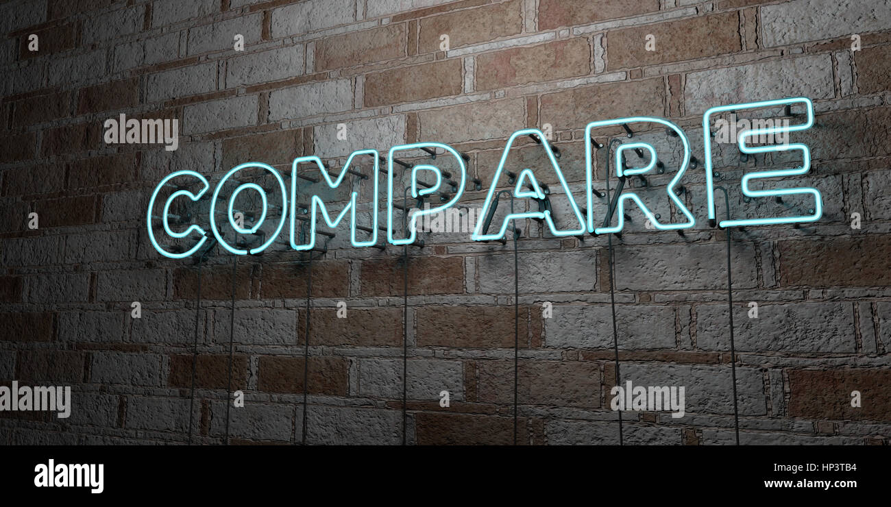COMPARE - Glowing Neon Sign on stonework wall - 3D rendered royalty ...