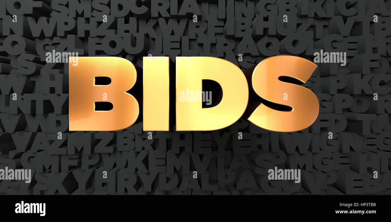 Bids - Gold text on black background - 3D rendered royalty free stock ...