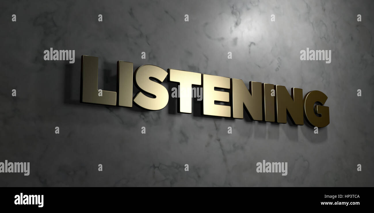 Listening - Gold sign mounted on glossy marble wall - 3D rendered ...