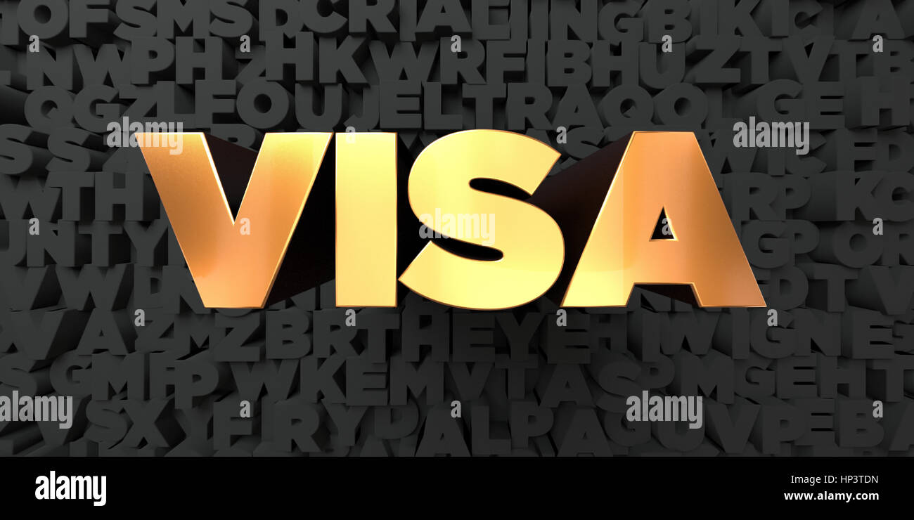 Visa - Gold text on black background - 3D rendered royalty free stock ...