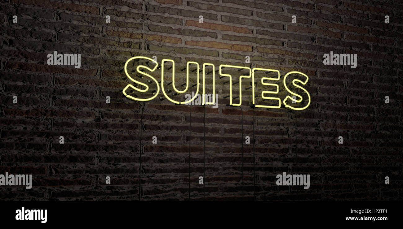 SUITES -Realistic Neon Sign on Brick Wall background - 3D rendered ...