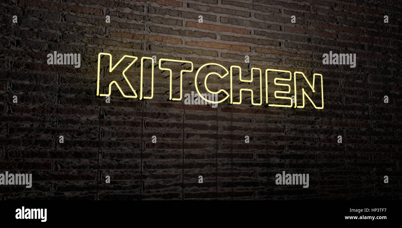 KITCHEN -Realistic Neon Sign on Brick Wall background - 3D rendered ...