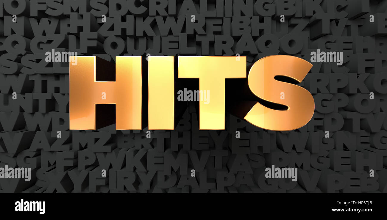 Hits - Gold text on black background - 3D rendered royalty free stock ...