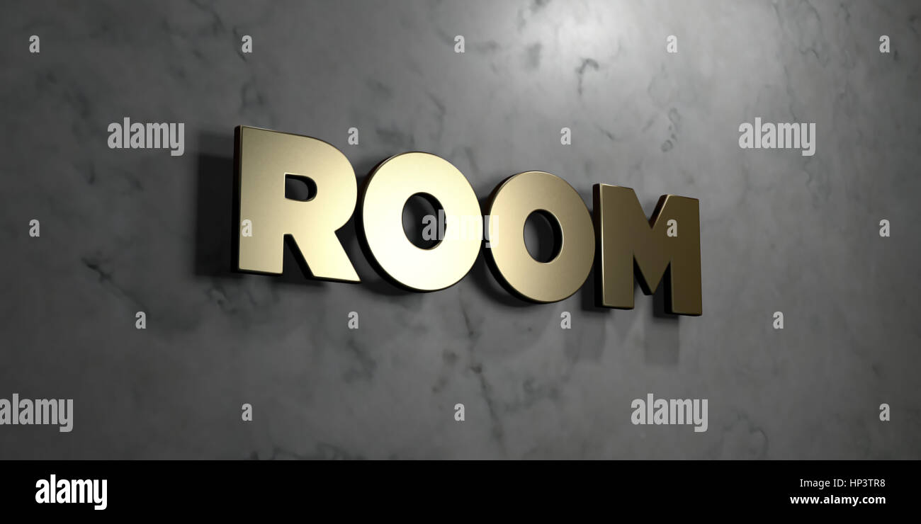 Room - Gold sign mounted on glossy marble wall - 3D rendered royalty ...