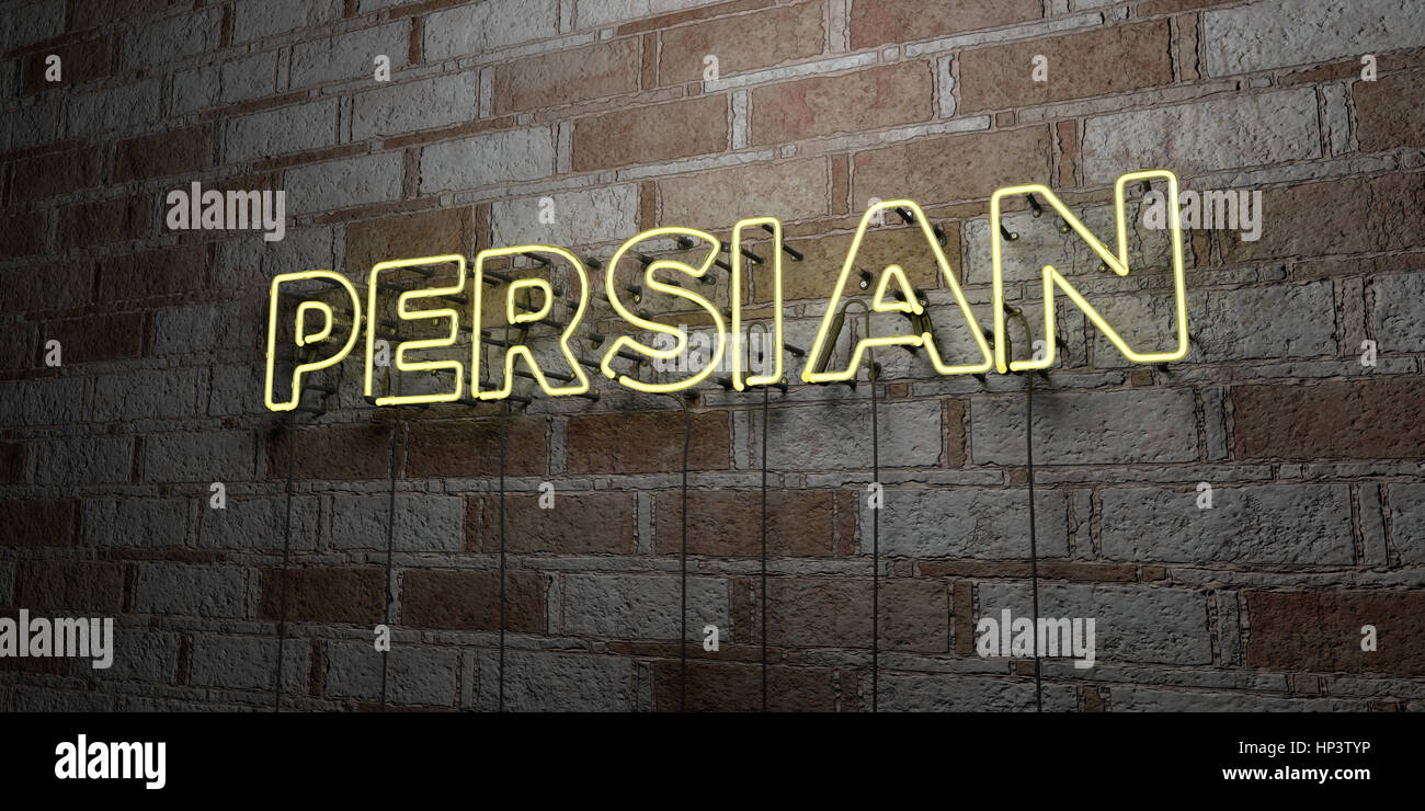 PERSIAN - Glowing Neon Sign on stonework wall - 3D rendered royalty ...