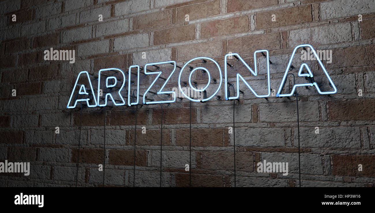 ARIZONA - Glowing Neon Sign on stonework wall - 3D rendered royalty ...