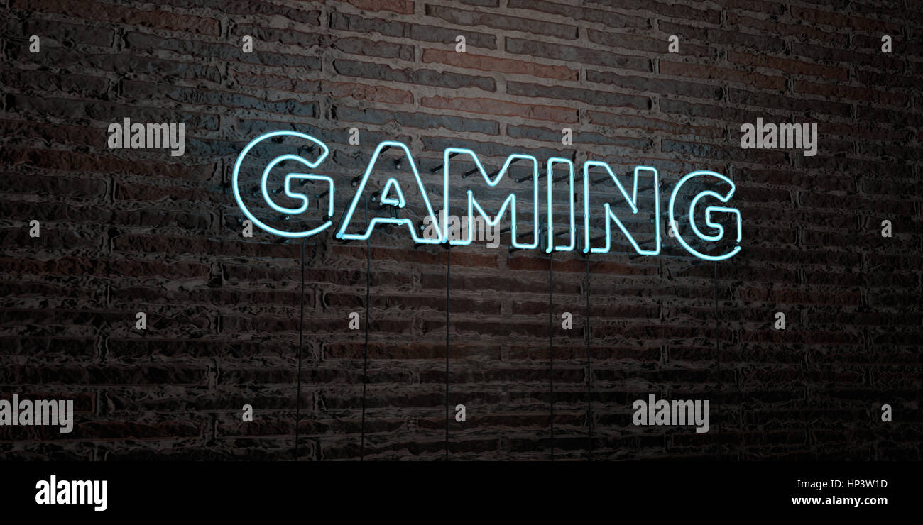 GAMING -Realistic Neon Sign on Brick Wall background - 3D rendered ...
