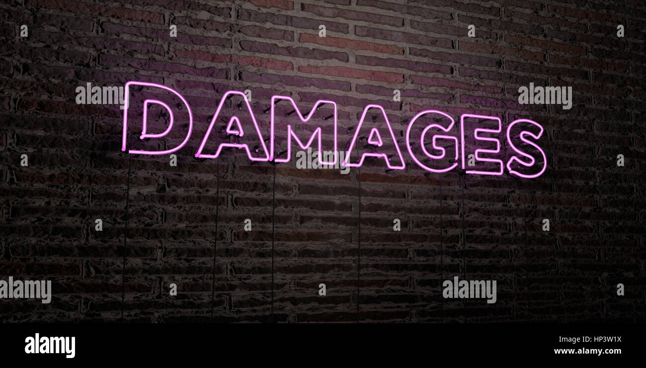 DAMAGES -Realistic Neon Sign on Brick Wall background - 3D rendered ...