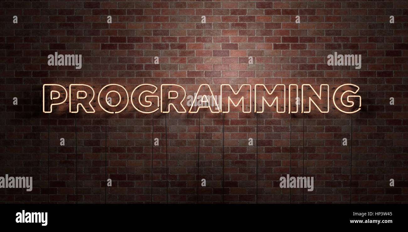 PROGRAMMING - fluorescent Neon tube Sign on brickwork - Front view - 3D ...