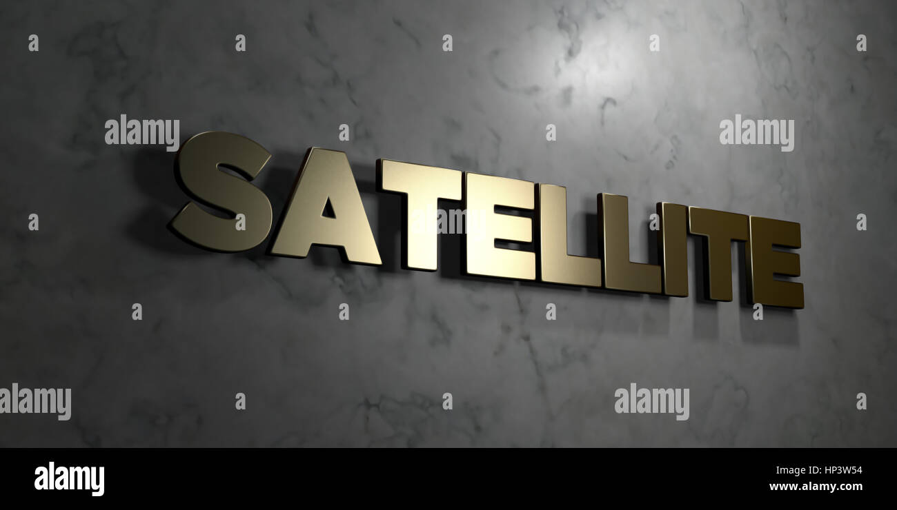 Satellite - Gold sign mounted on glossy marble wall - 3D rendered ...