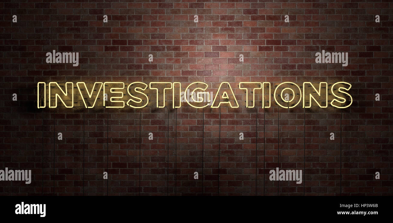 INVESTIGATIONS - fluorescent Neon tube Sign on brickwork - Front view ...