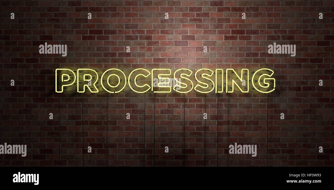 PROCESSING - fluorescent Neon tube Sign on brickwork - Front view - 3D ...