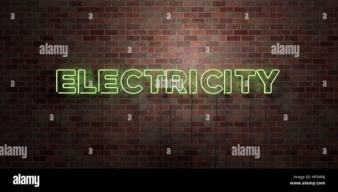 ELECTRICITY - fluorescent Neon tube Sign on brickwork - Front view - 3D ...