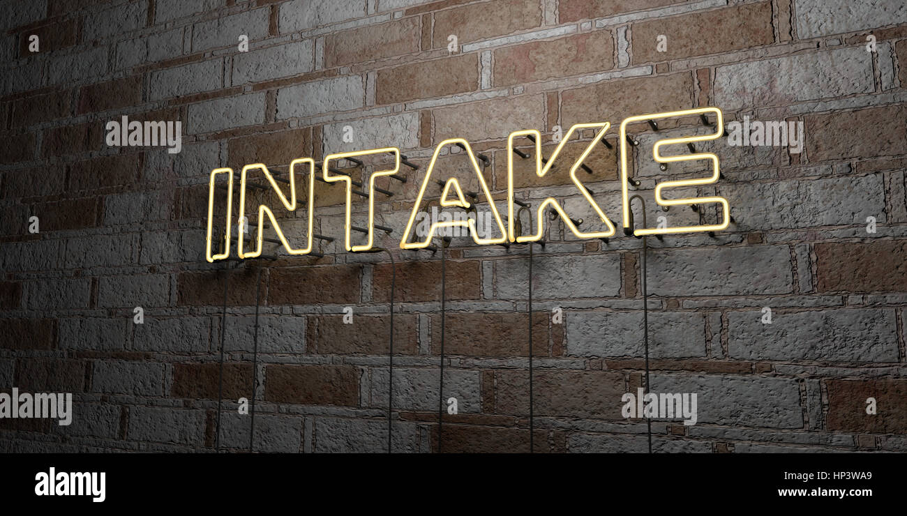 INTAKE - Glowing Neon Sign on stonework wall - 3D rendered royalty free ...