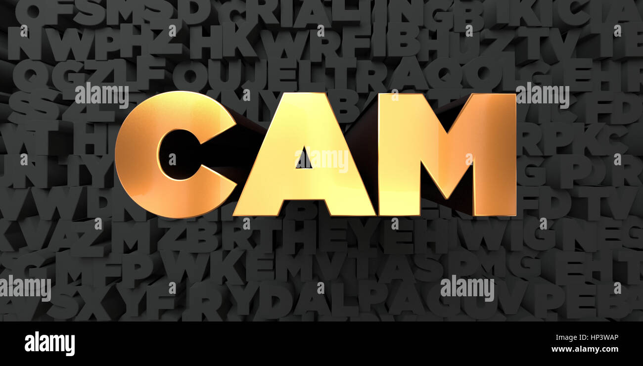 Cam - Gold text on black background - 3D rendered royalty free stock ...