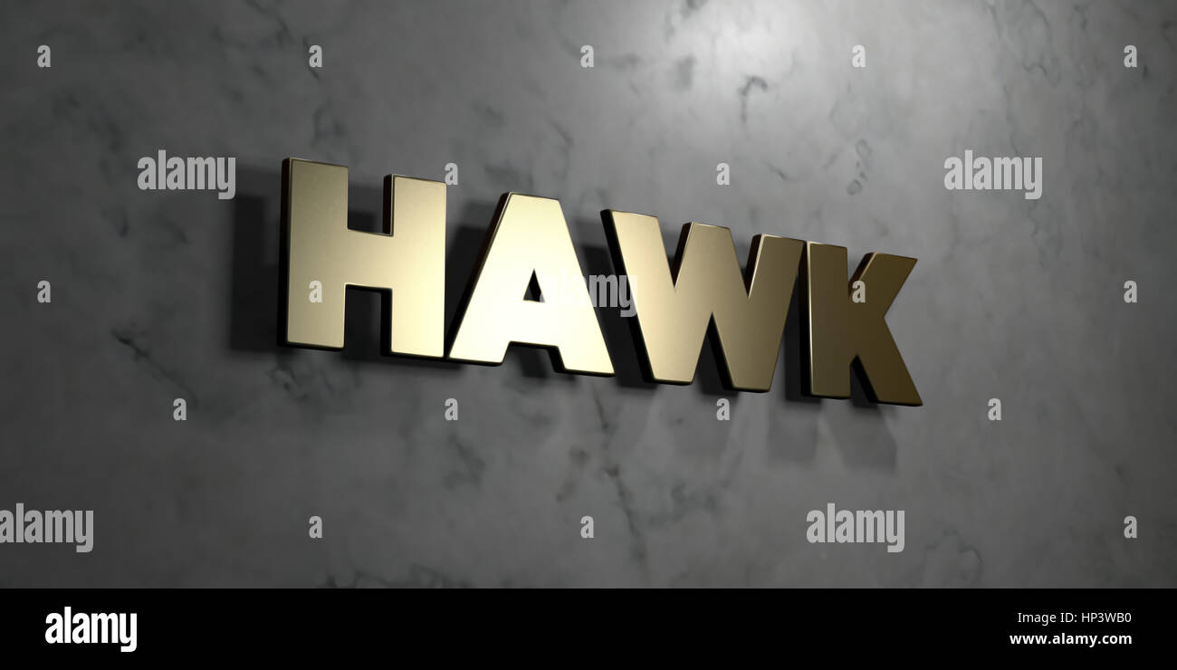Hawk - Gold sign mounted on glossy marble wall - 3D rendered royalty ...