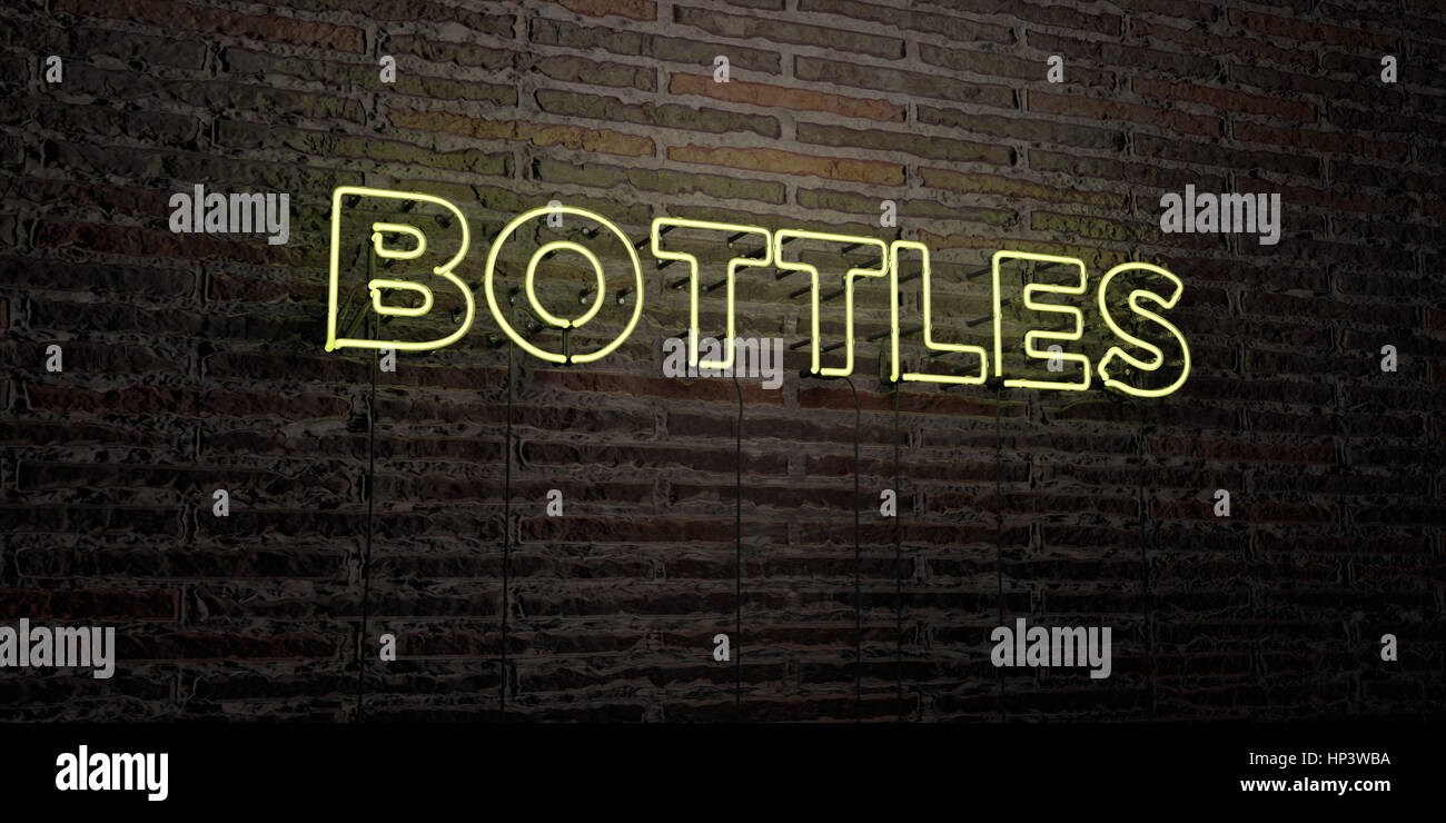 BOTTLES -Realistic Neon Sign on Brick Wall background - 3D rendered ...