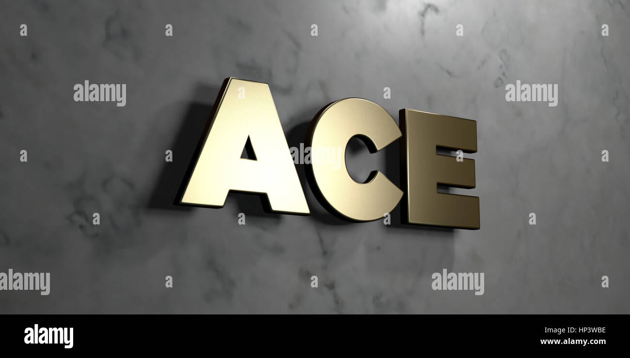 Ace - Gold sign mounted on glossy marble wall - 3D rendered royalty ...