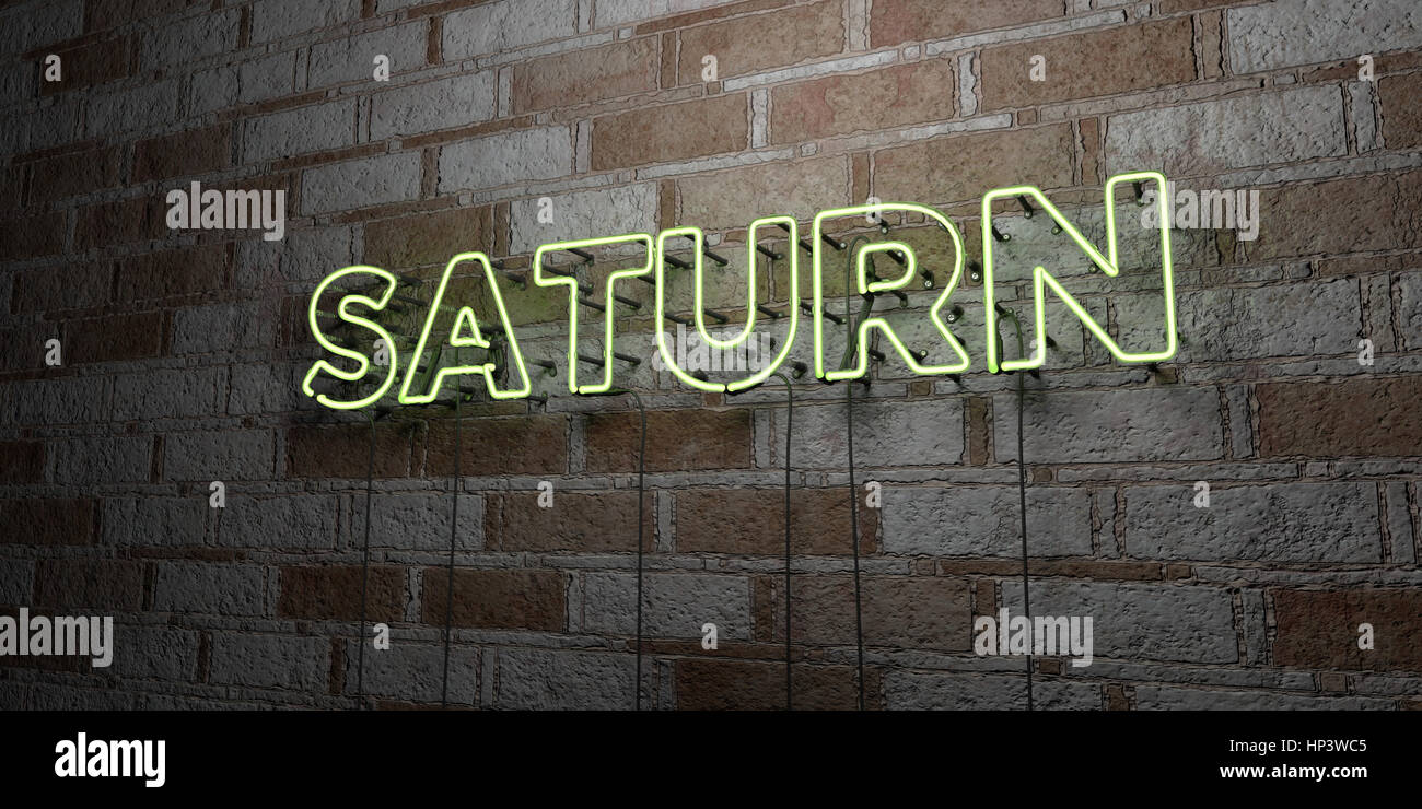 SATURN - Glowing Neon Sign on stonework wall - 3D rendered royalty free ...