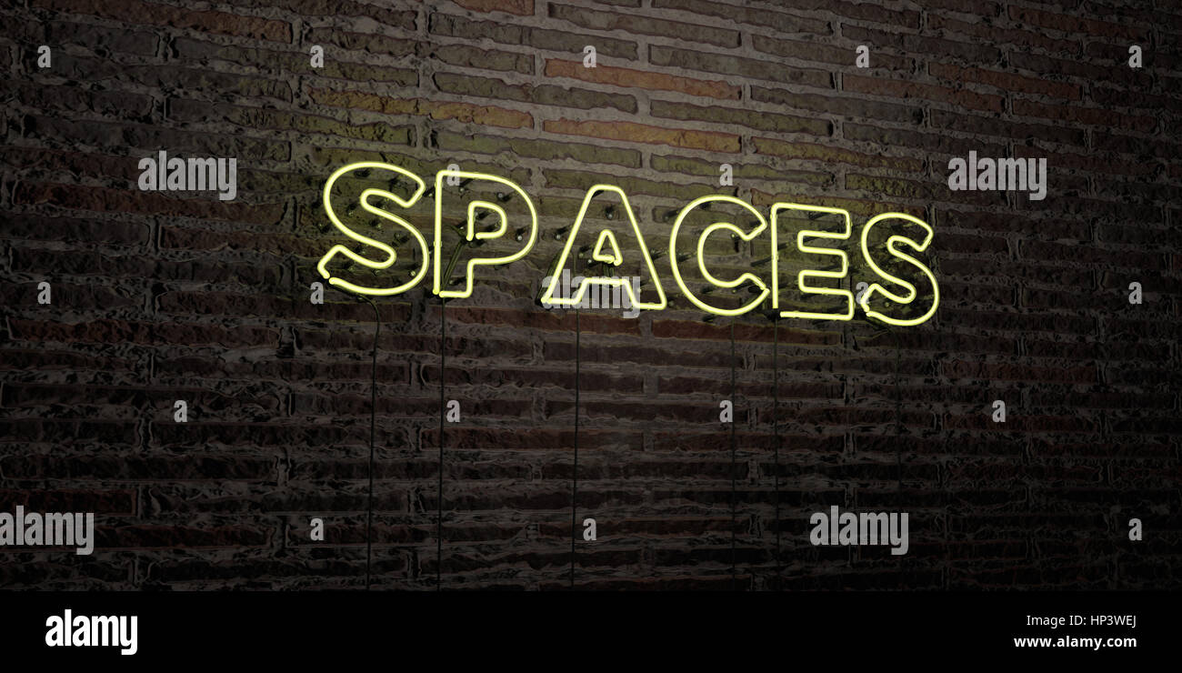 SPACES -Realistic Neon Sign on Brick Wall background - 3D rendered ...