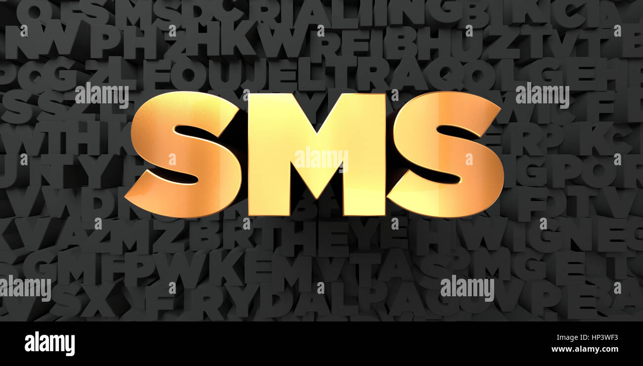 Sms - Gold text on black background - 3D rendered royalty free stock ...