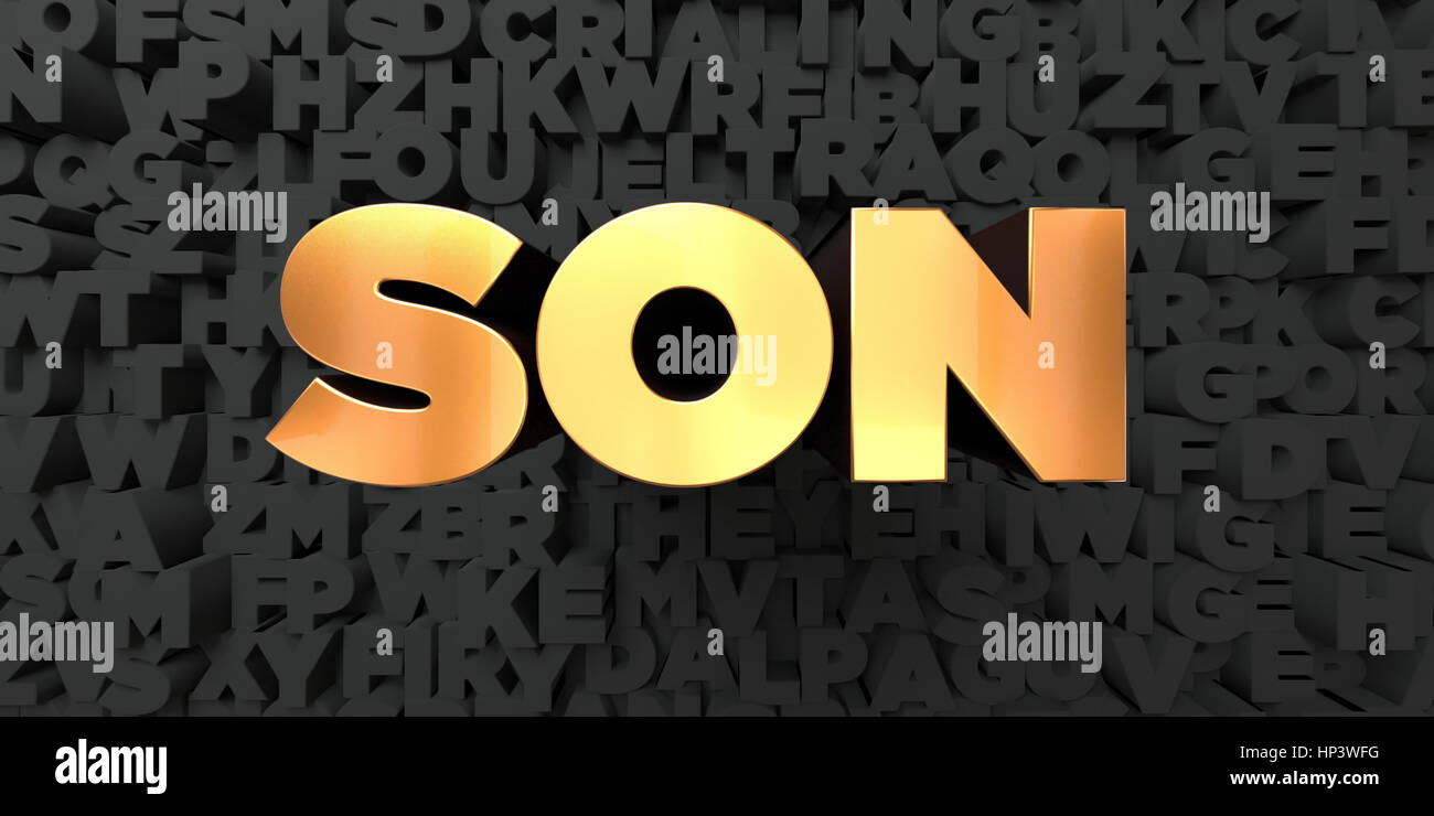 Son - Gold text on black background - 3D rendered royalty free stock ...