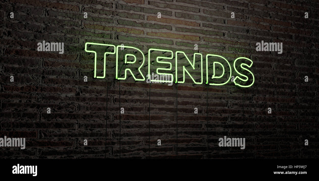TRENDS -Realistic Neon Sign on Brick Wall background - 3D rendered ...