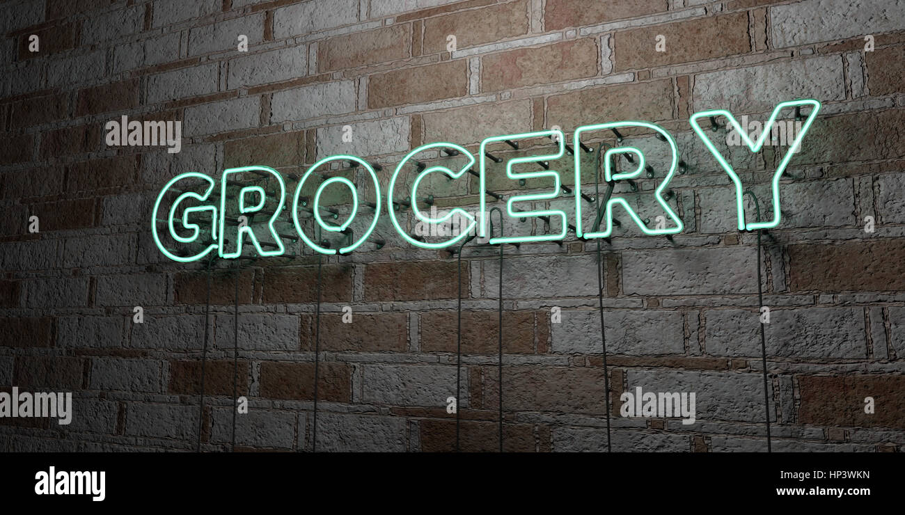 GROCERY - Glowing Neon Sign on stonework wall - 3D rendered royalty ...