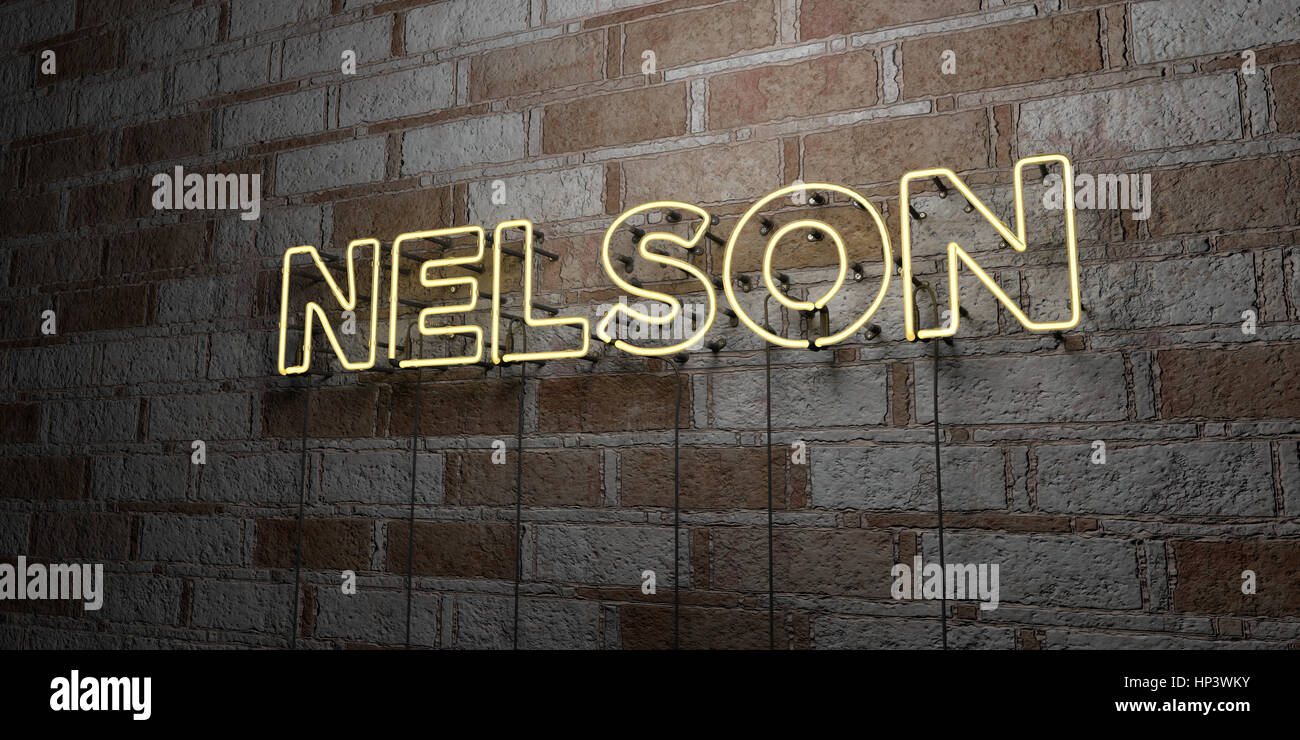 NELSON - Glowing Neon Sign on stonework wall - 3D rendered royalty free ...
