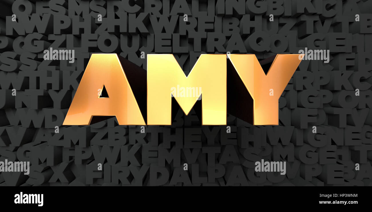 Amy - Gold text on black background - 3D rendered royalty free stock ...
