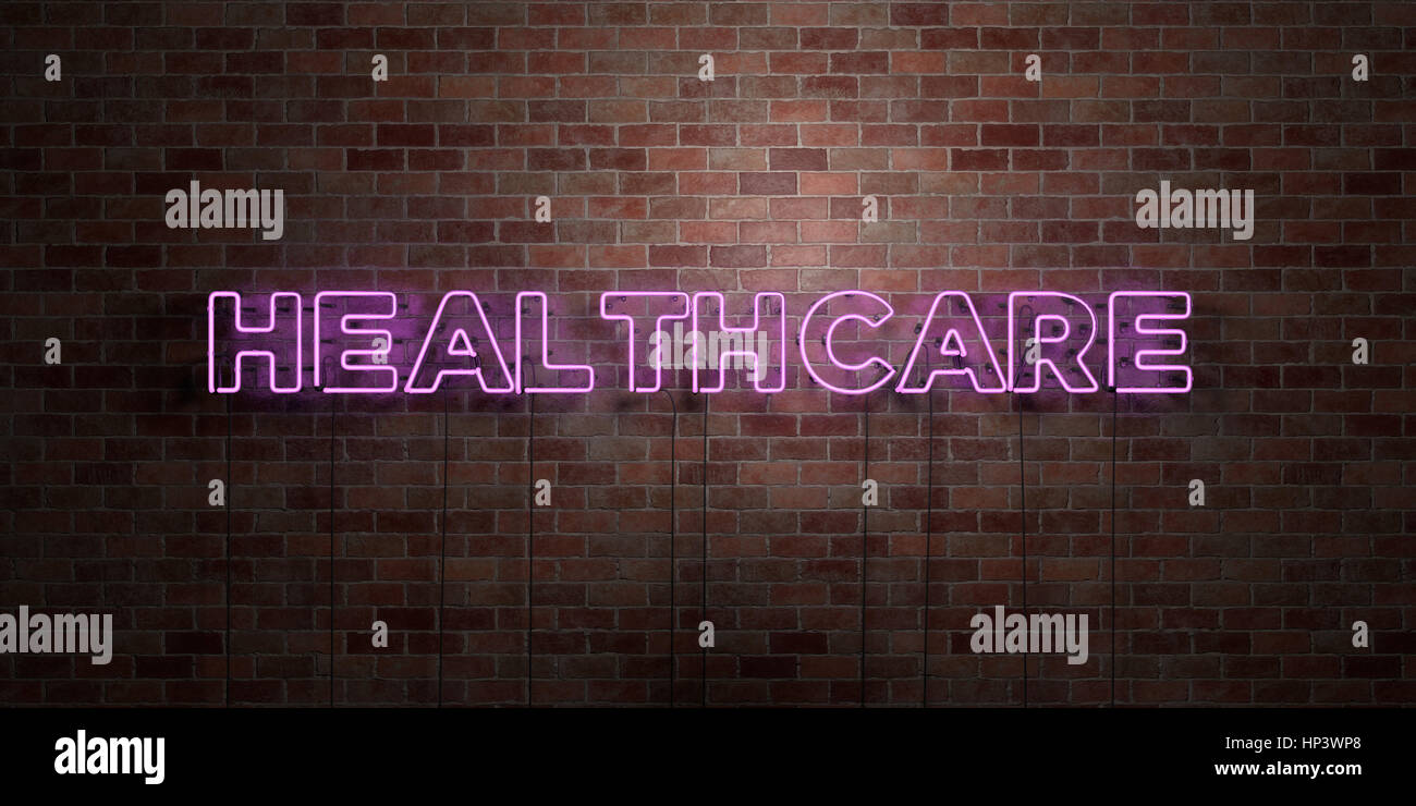HEALTHCARE - fluorescent Neon tube Sign on brickwork - Front view - 3D ...