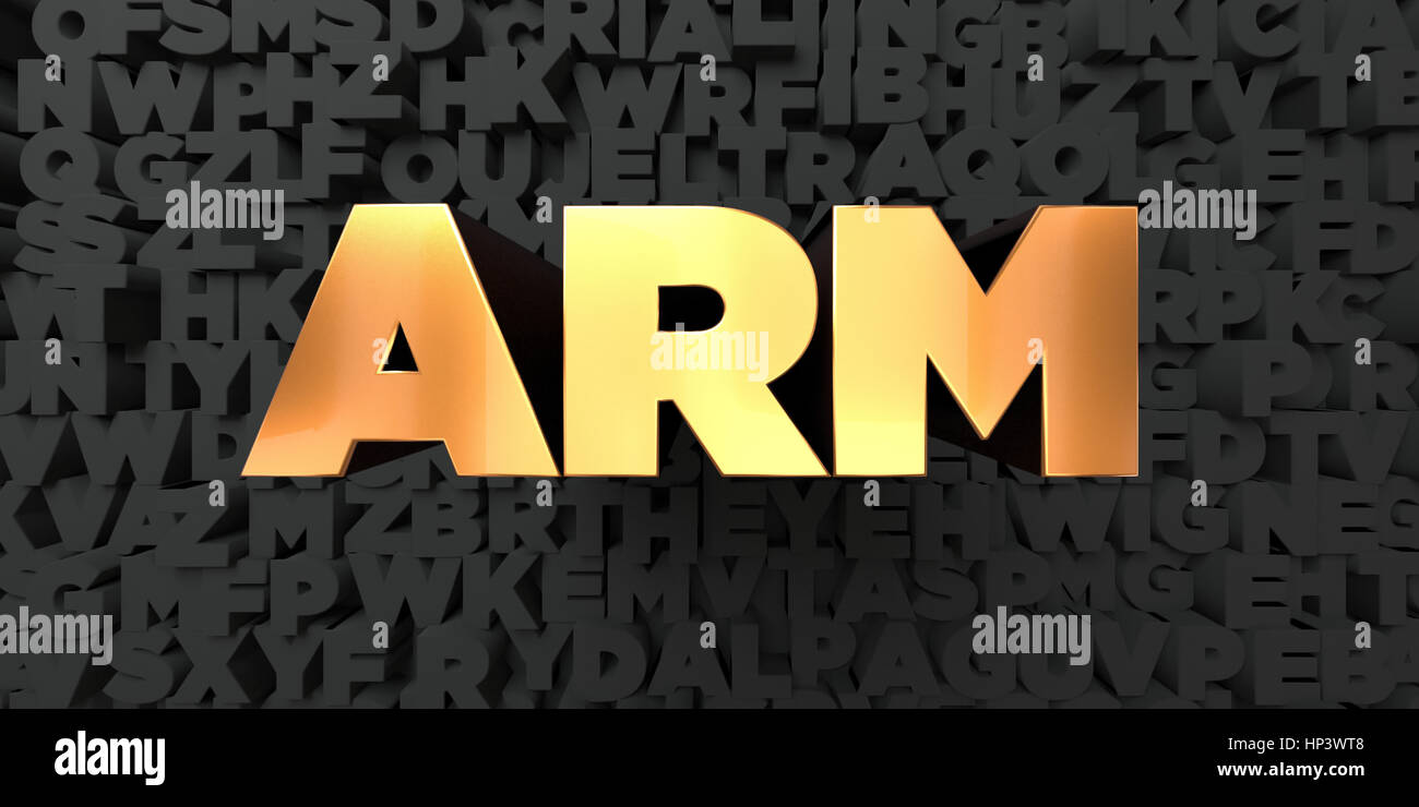 Arm - Gold text on black background - 3D rendered royalty free stock ...