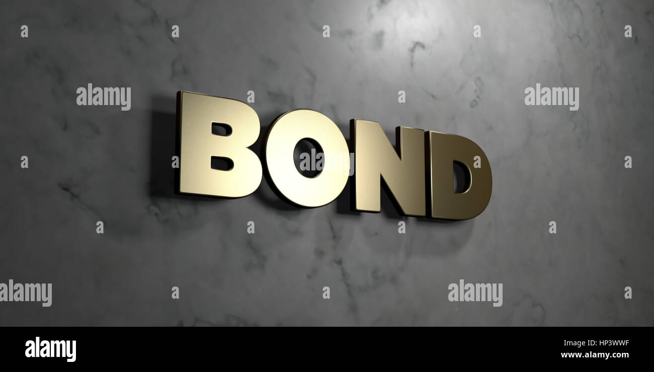 Bond - Gold sign mounted on glossy marble wall - 3D rendered royalty ...