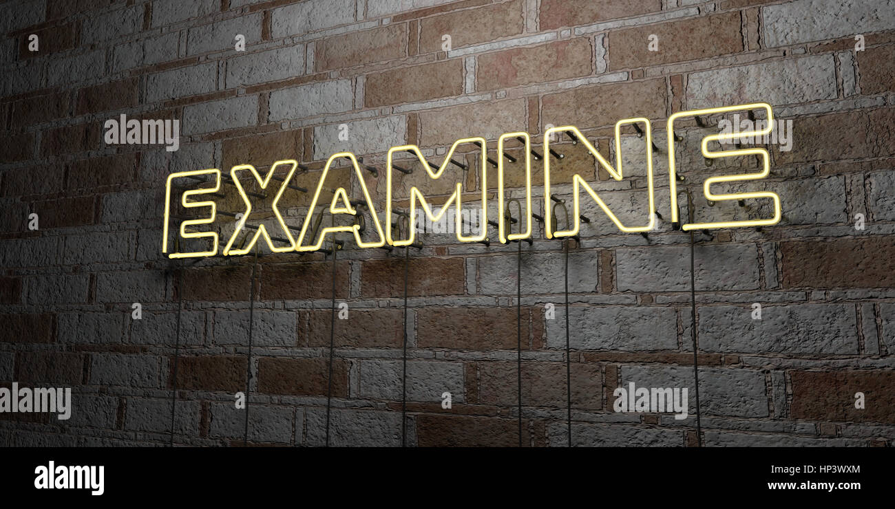 EXAMINE - Glowing Neon Sign on stonework wall - 3D rendered royalty ...
