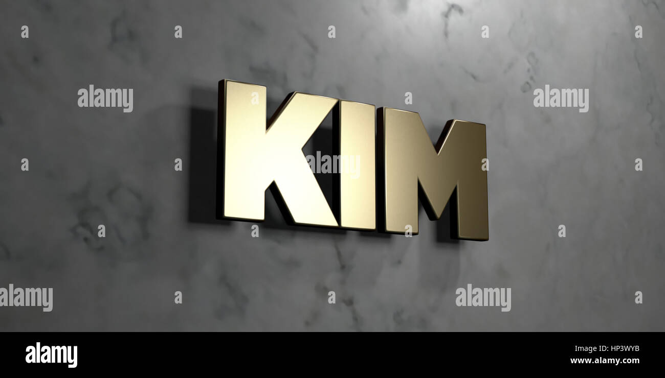 Kim - Gold sign mounted on glossy marble wall - 3D rendered royalty ...