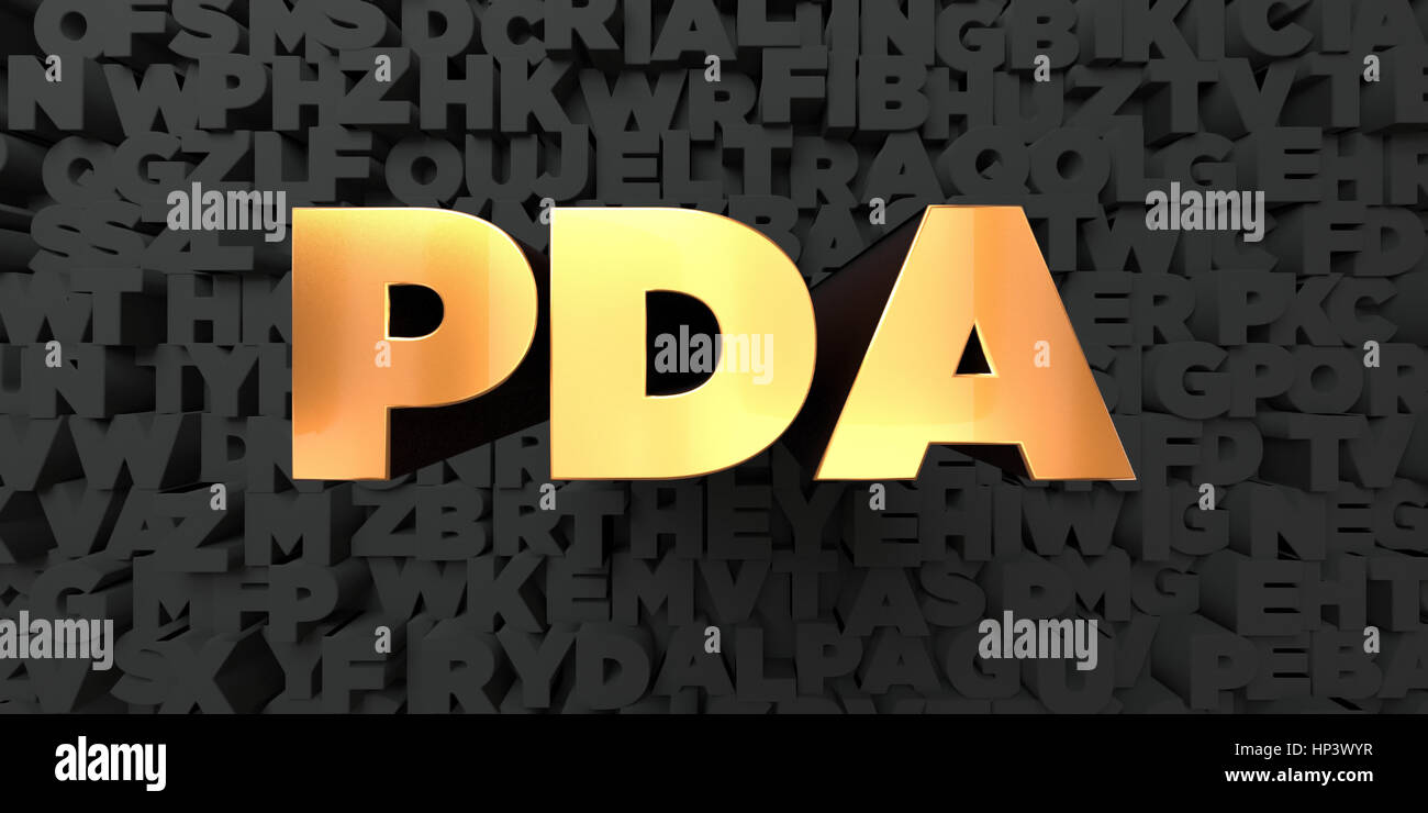 Pda - Gold text on black background - 3D rendered royalty free stock ...