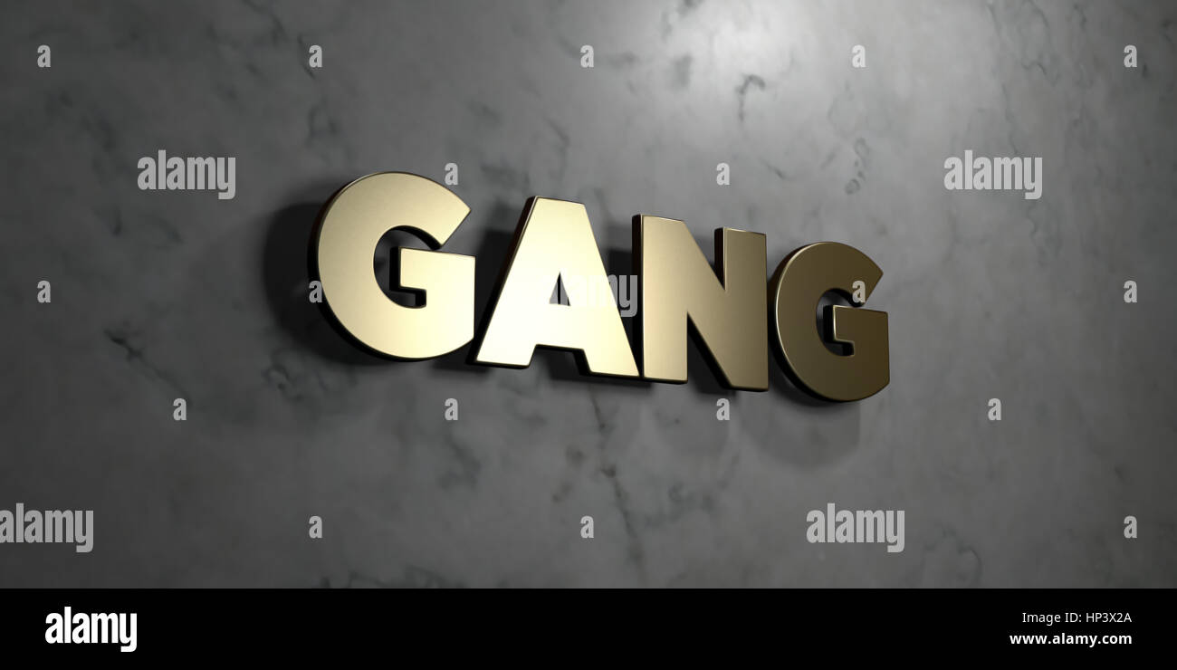 Gang - Gold sign mounted on glossy marble wall - 3D rendered royalty ...