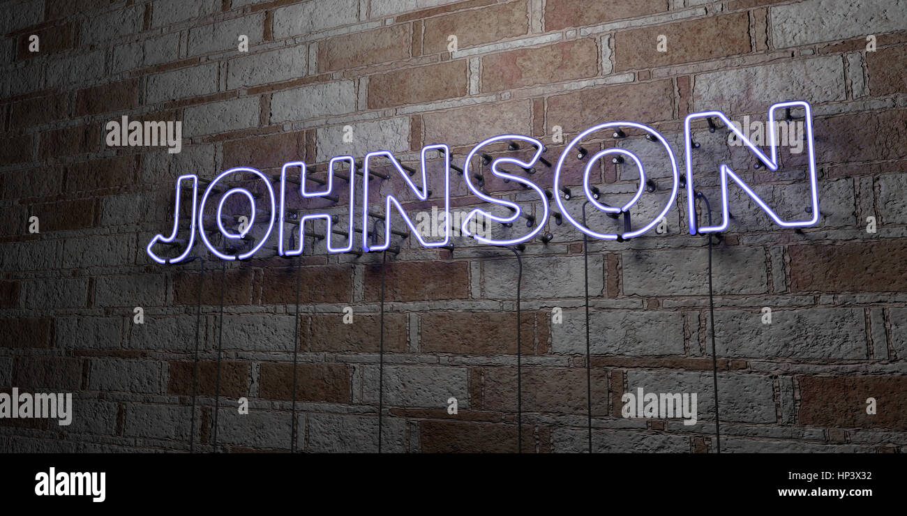 JOHNSON - Glowing Neon Sign on stonework wall - 3D rendered royalty ...