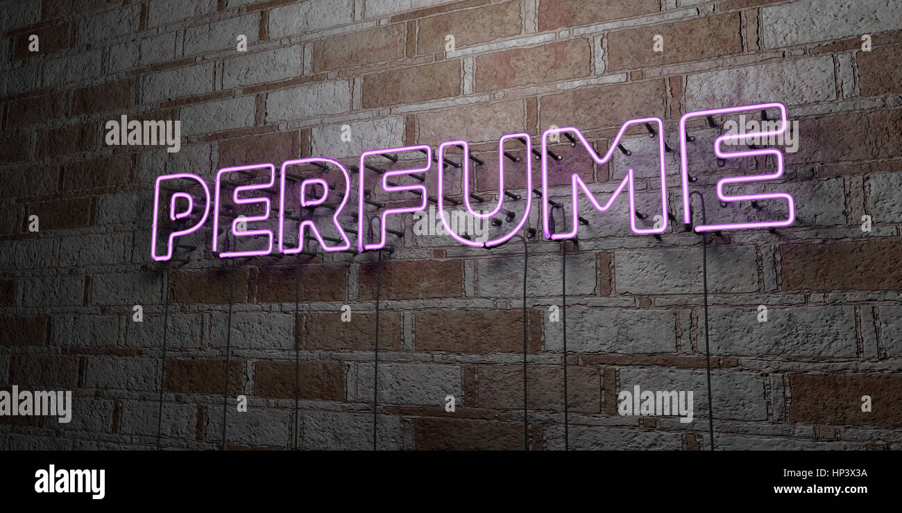 PERFUME - Glowing Neon Sign on stonework wall - 3D rendered royalty ...