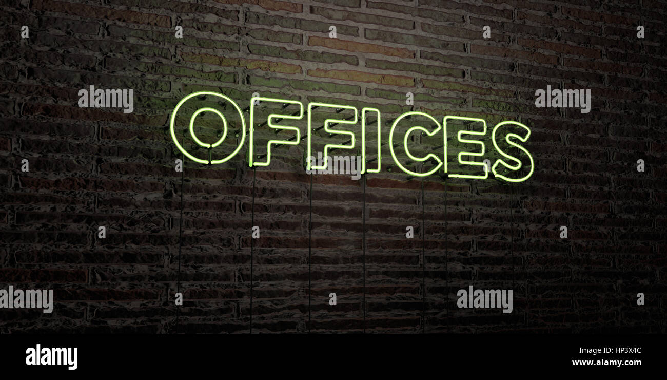 OFFICES -Realistic Neon Sign on Brick Wall background - 3D rendered ...