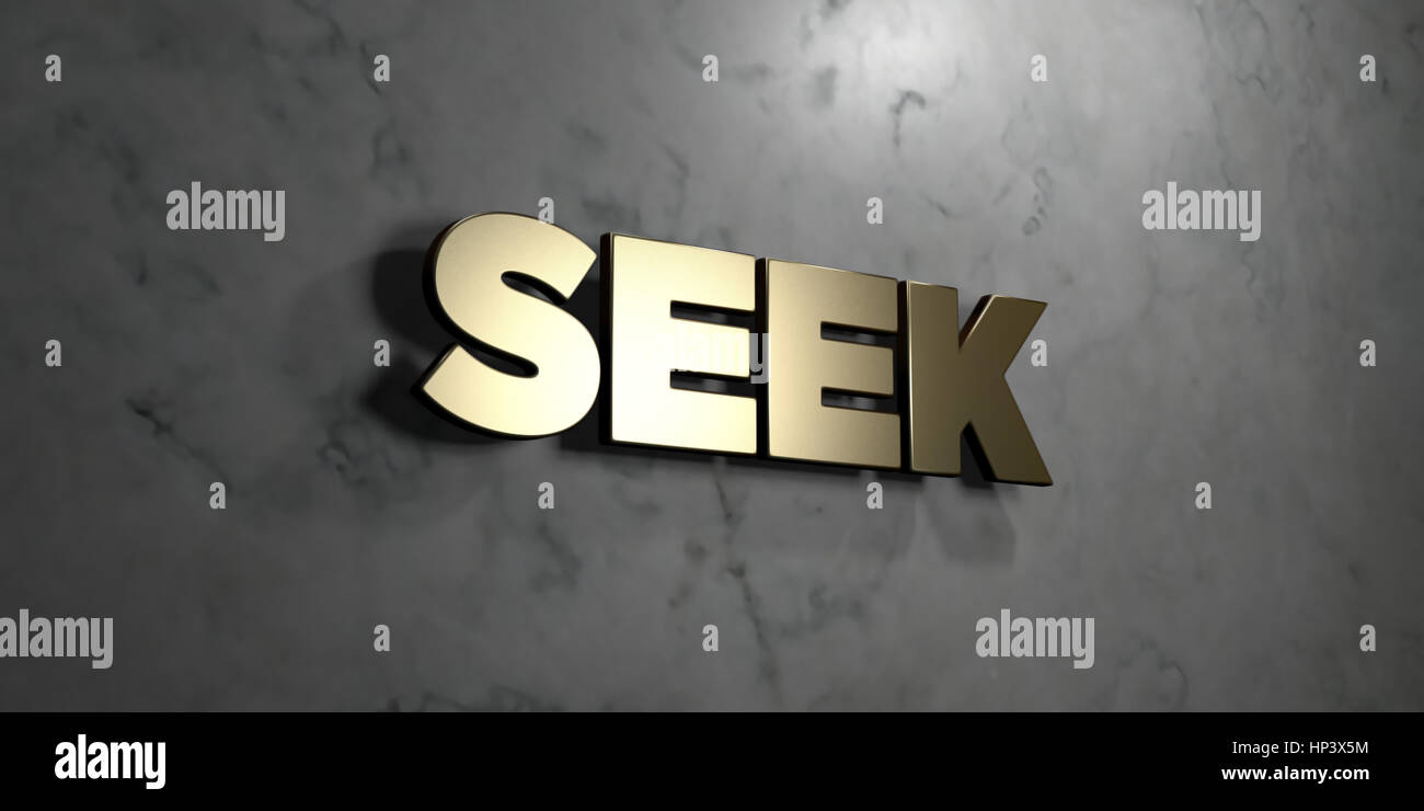 Seek - Gold sign mounted on glossy marble wall - 3D rendered royalty ...