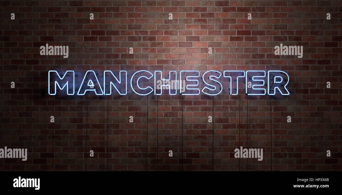 MANCHESTER - fluorescent Neon tube Sign on brickwork - Front view - 3D ...